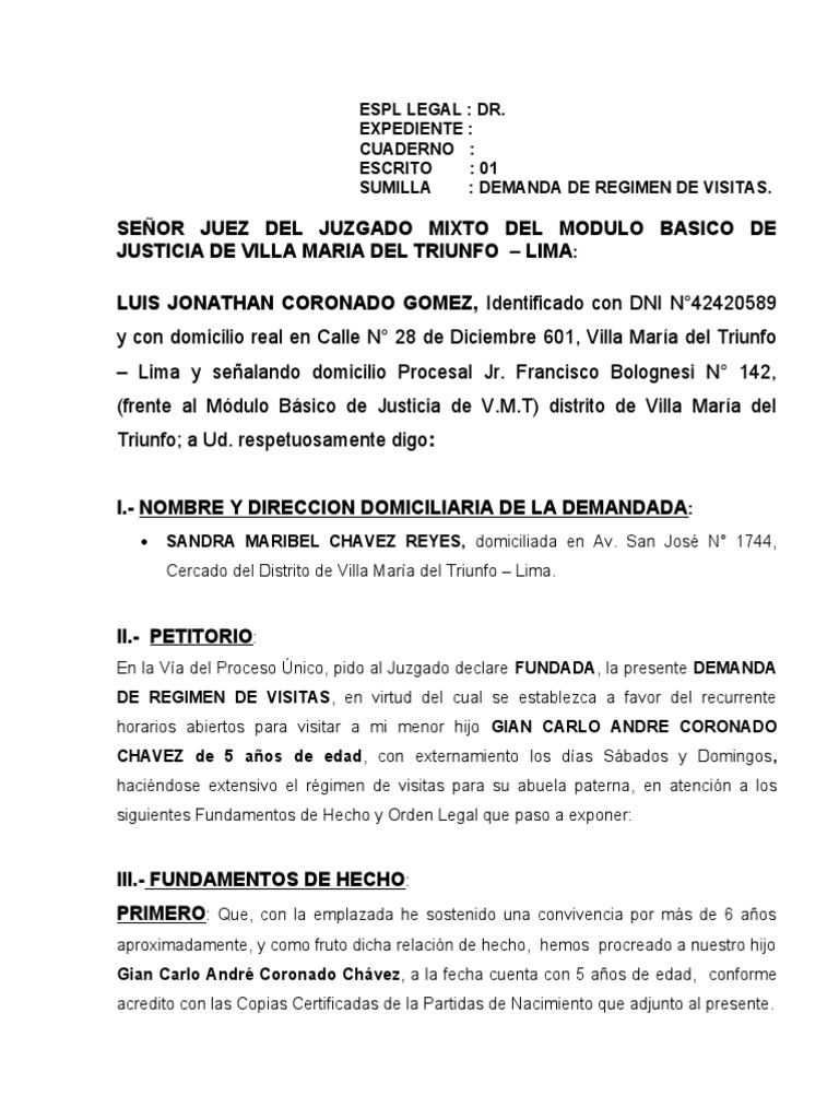 Escrito de Regimen de Visitas | PDF | Conflicto (proceso) | Justicia Escrito de Regimen de Visitas | PDF | Conflicto (proceso) | Justicia