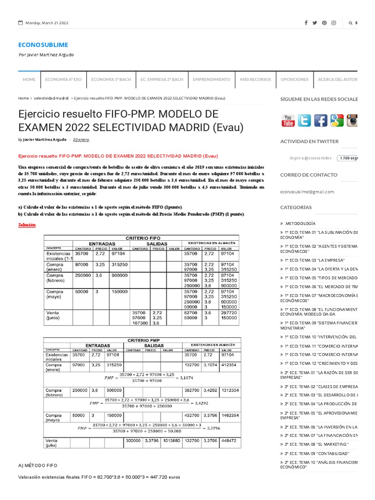 Ejercicio Resuelto FIFO-PMP. MODELO DE EXAMEN 2022 SELECTIVIDAD MADRID (Evau) - ECONOSUBLIME | PDF