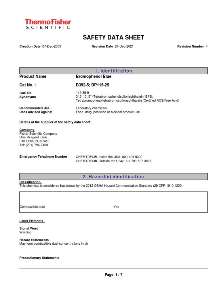 Safety Data Sheet for Bromophenol Blue | PDF | Personal Protective ...
