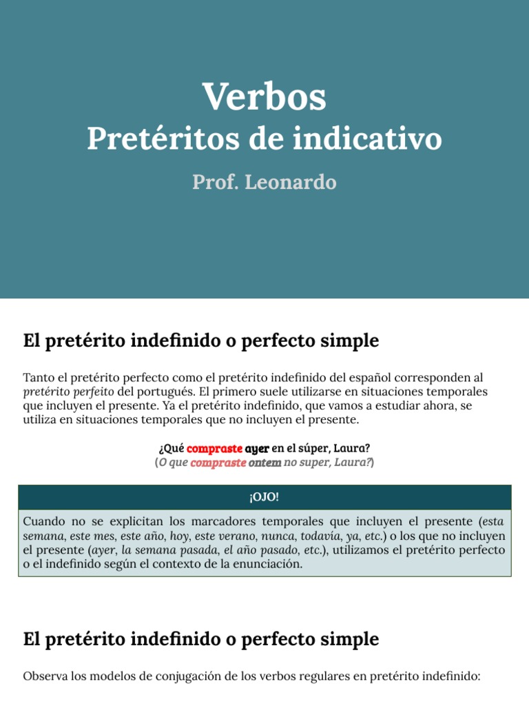 Espanhol - Verbos (Pretéritos de Indicativo) | PDF | Verbo | Lingüística