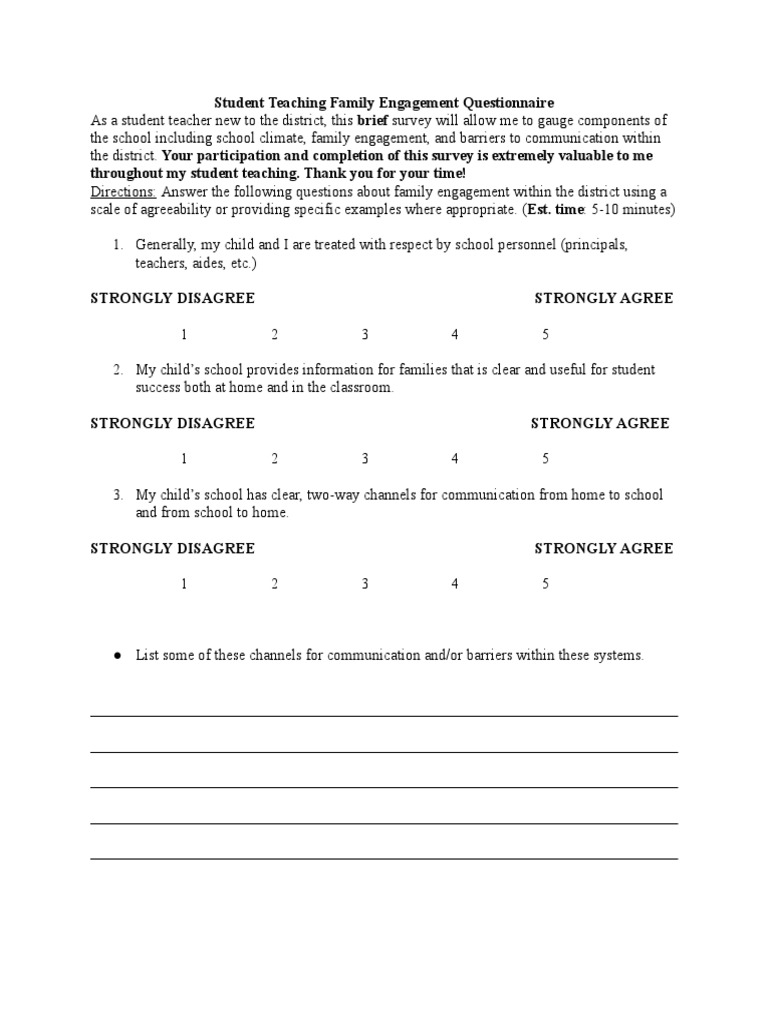 Family Engagement Questionnare | PDF | Teachers | Questionnaire