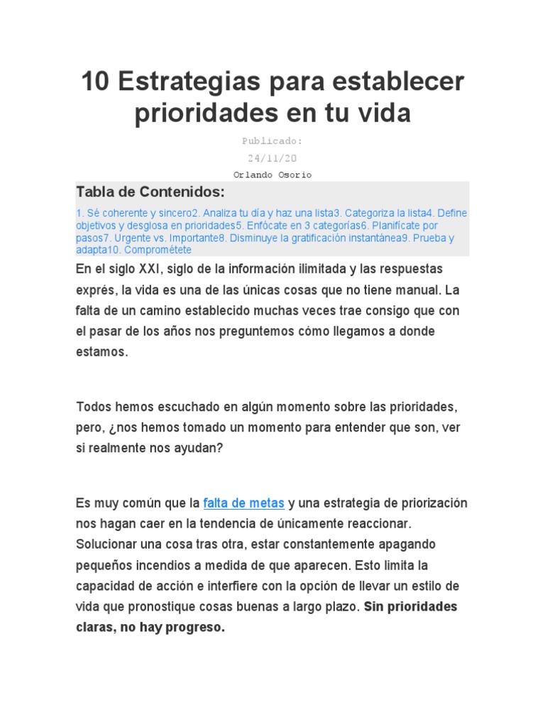 10 Estrategias para Establecer Prioridades en Tu Vida | PDF ...