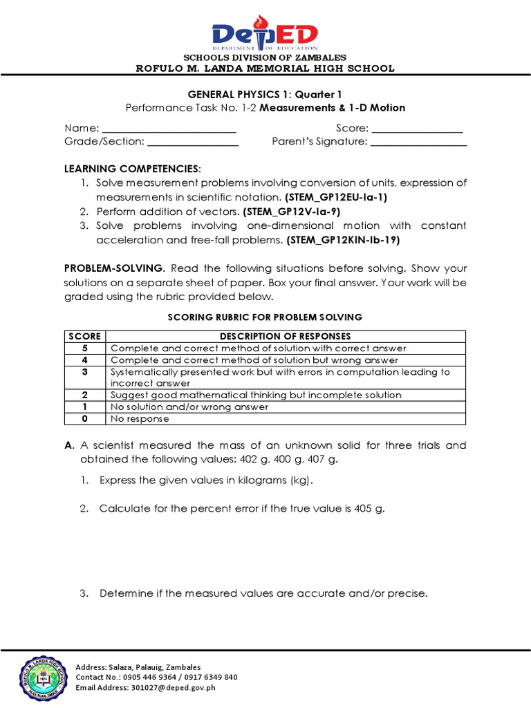 PHYS1 Q1 Performance Tasks No. 1 6 | PDF | Force | Rotation Around A Fixed Axis