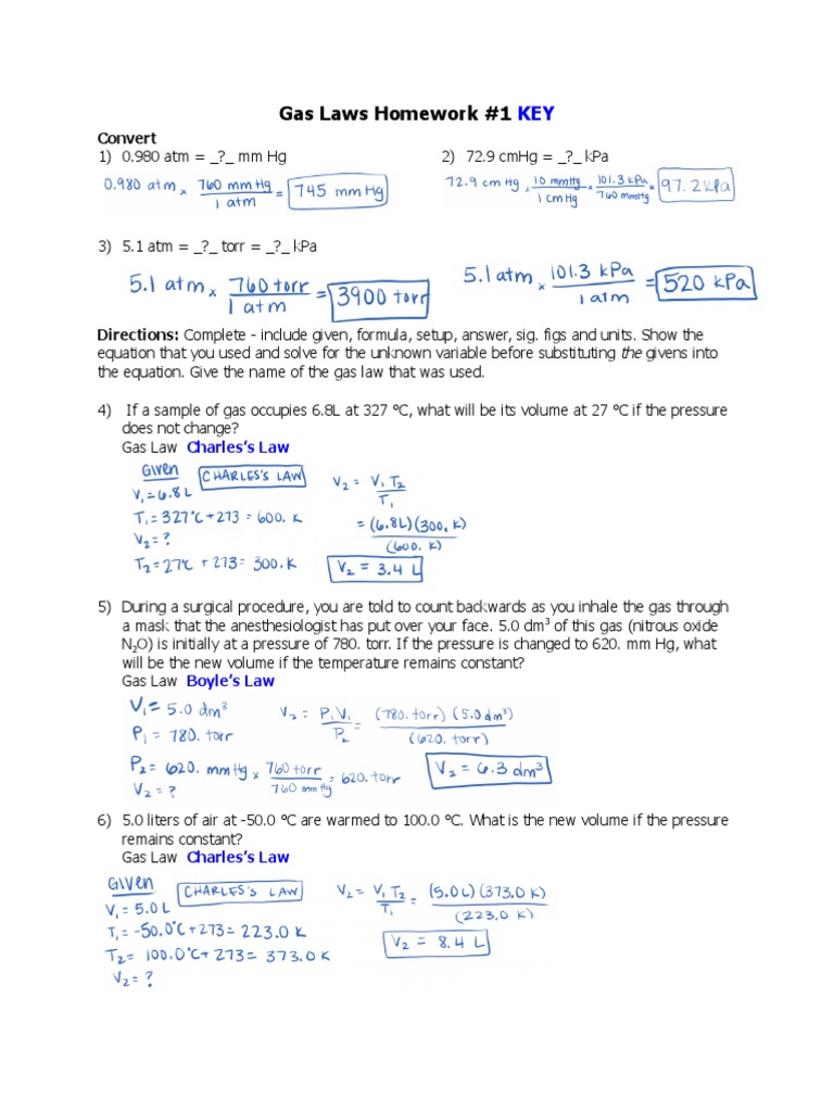 Gas Laws Homework #1 2122 KEY | PDF
