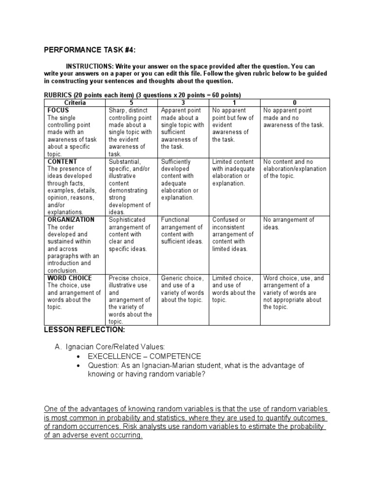 Performance Task on Random Variables | PDF | Probability Distribution ...