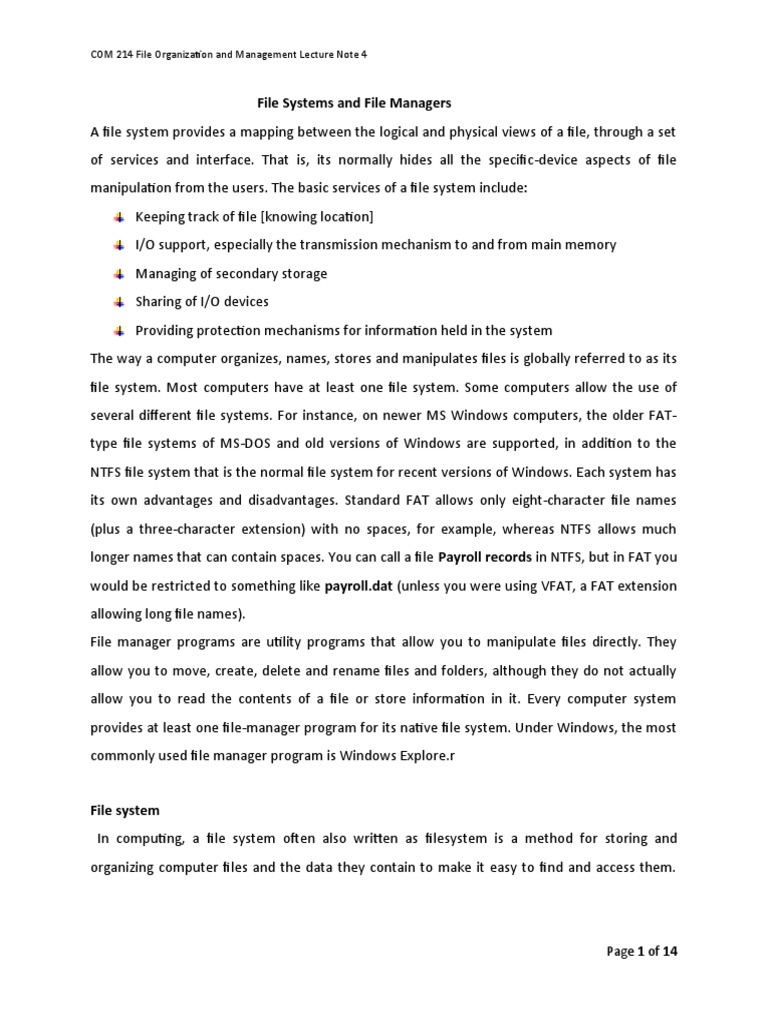 COM 214 File Ogarnization and Management Lecture Note 4 | PDF | File System | Computer File