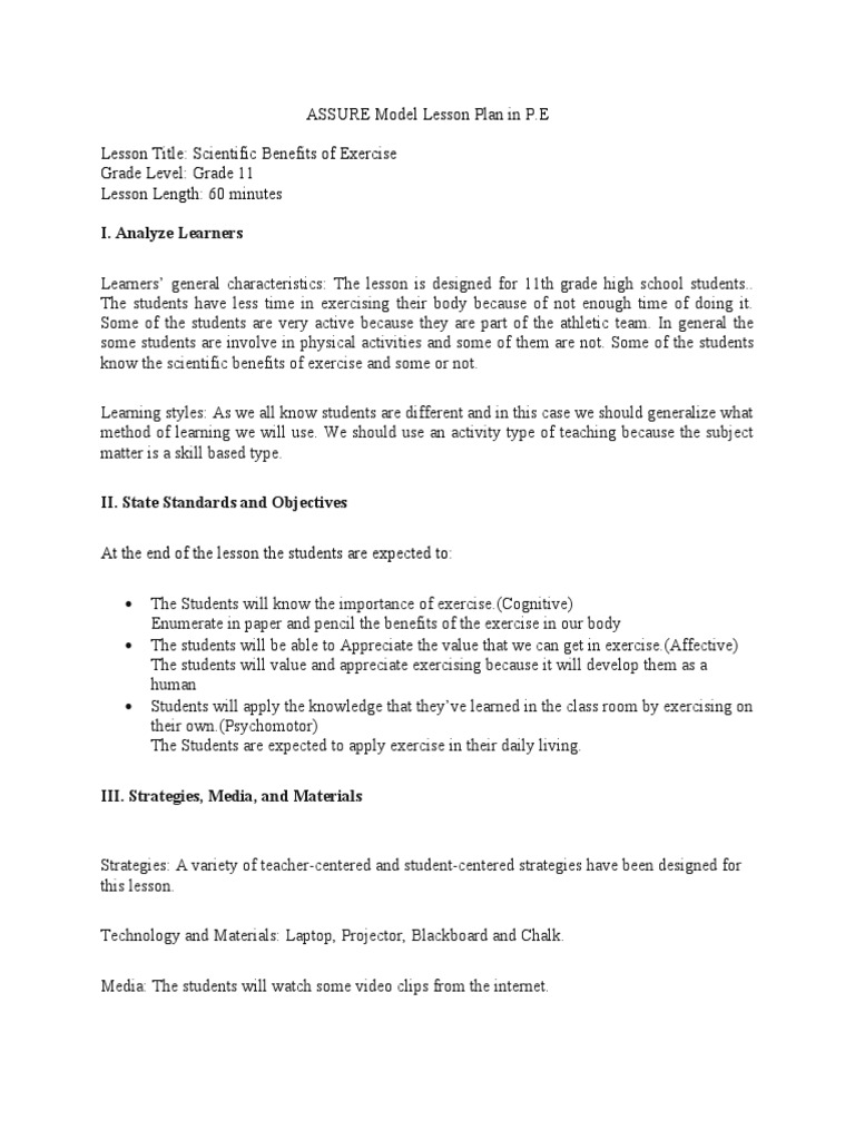 ASSURE Model Lesson Plan in P.E Lesson Title: Scientific Benefits of ...