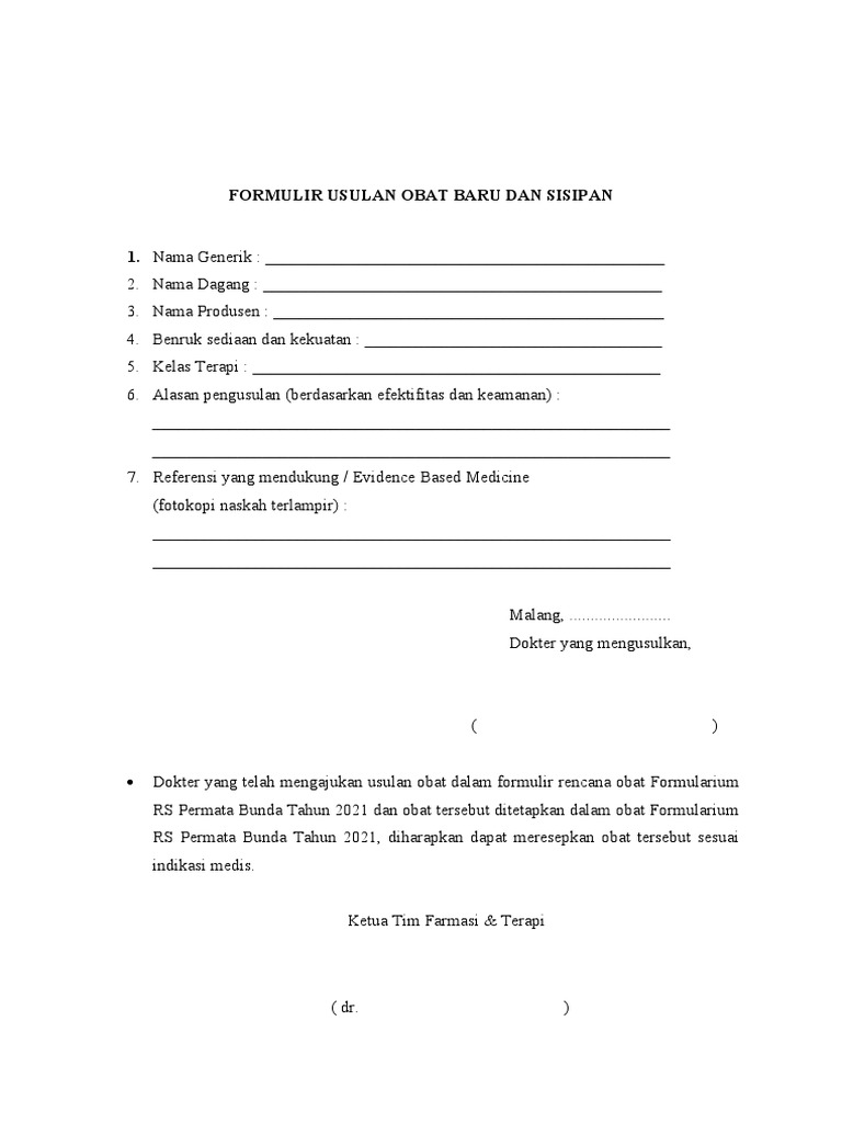 Formulir Usulan Obat Baru Dan Sisipan | PDF
