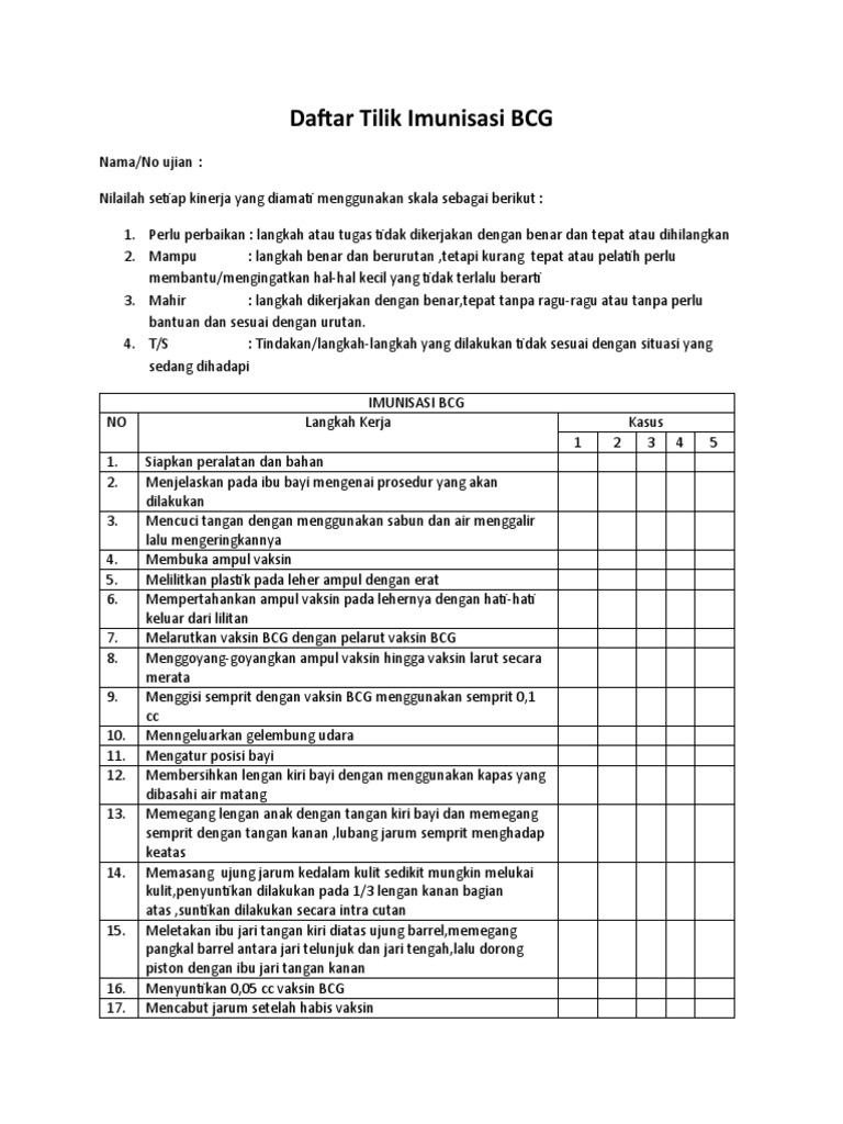 Daftar Tilik Imunisasi BCG Baru | PDF