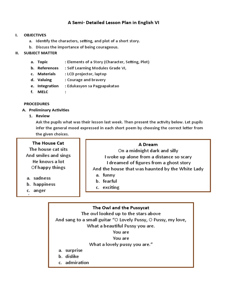 A Semi-Detailed Lesson Plan in English VI: I. Objectives | PDF