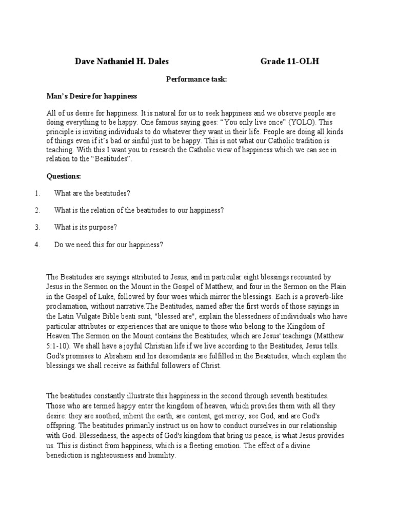 Being Human Performance Task | PDF | Beatitudes | Sermon On The Mount