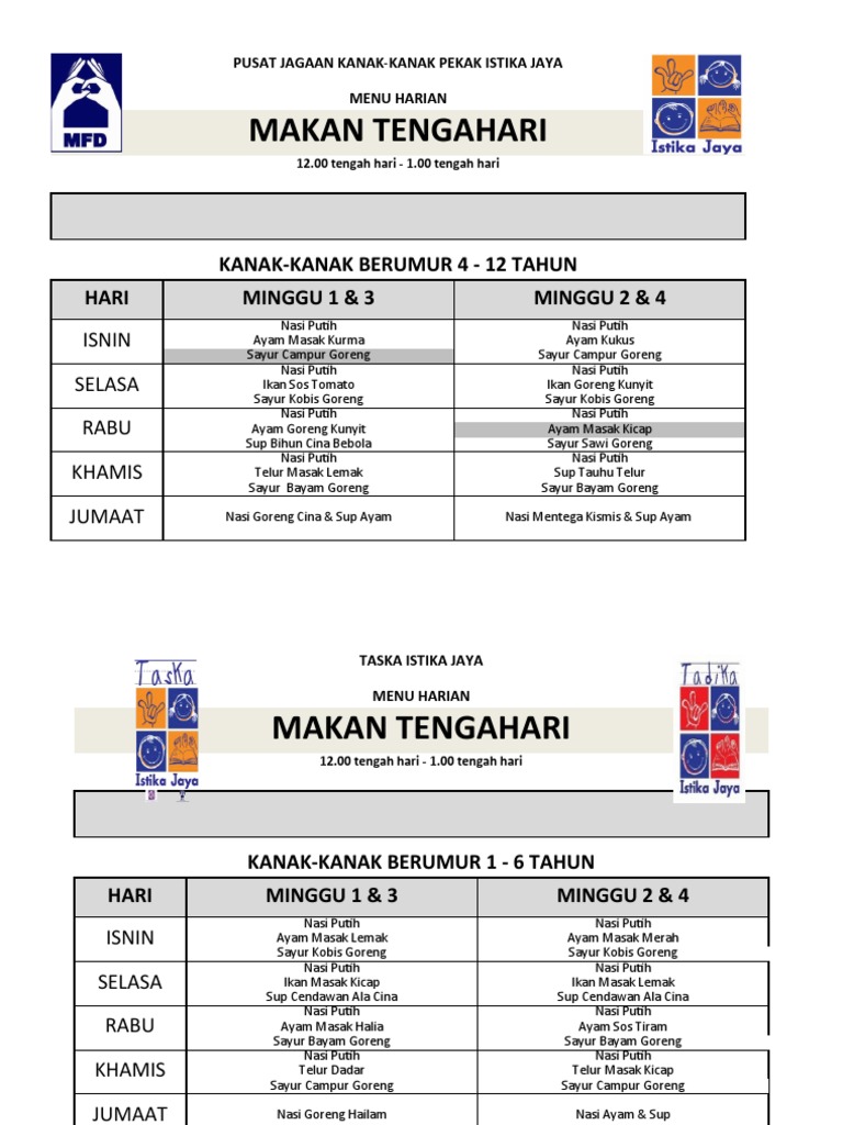 Jadual Menu Makan Tengahari 2022 | PDF