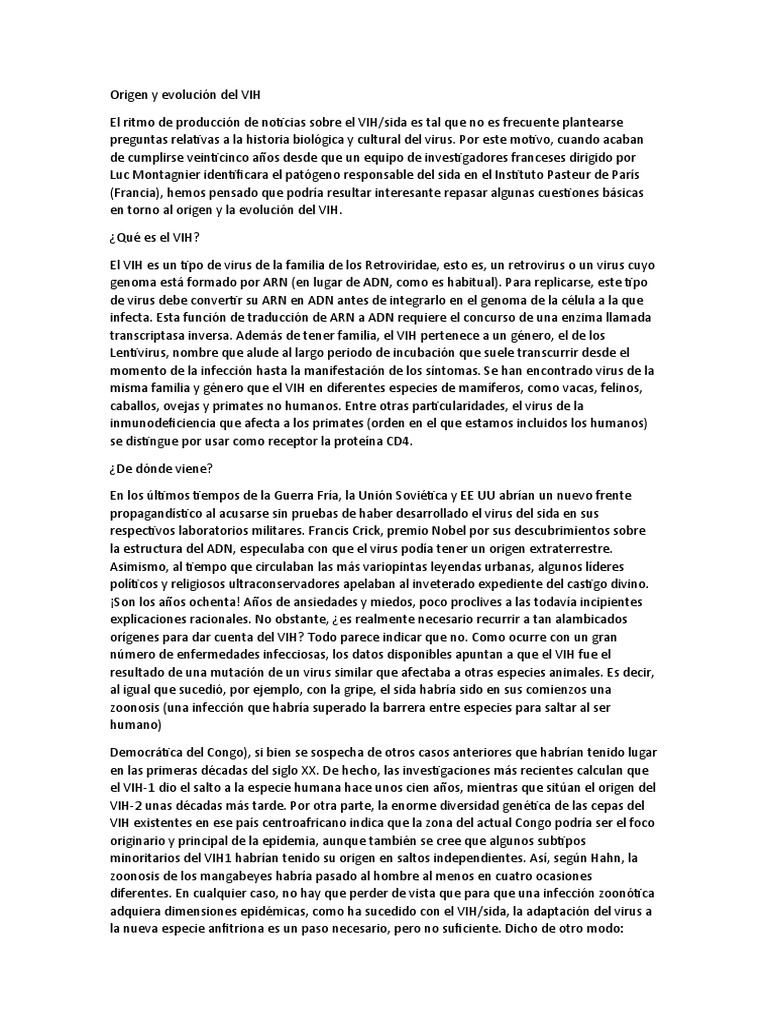 Origen y evolución del VIH/SIDA | PDF | VIH | Virus