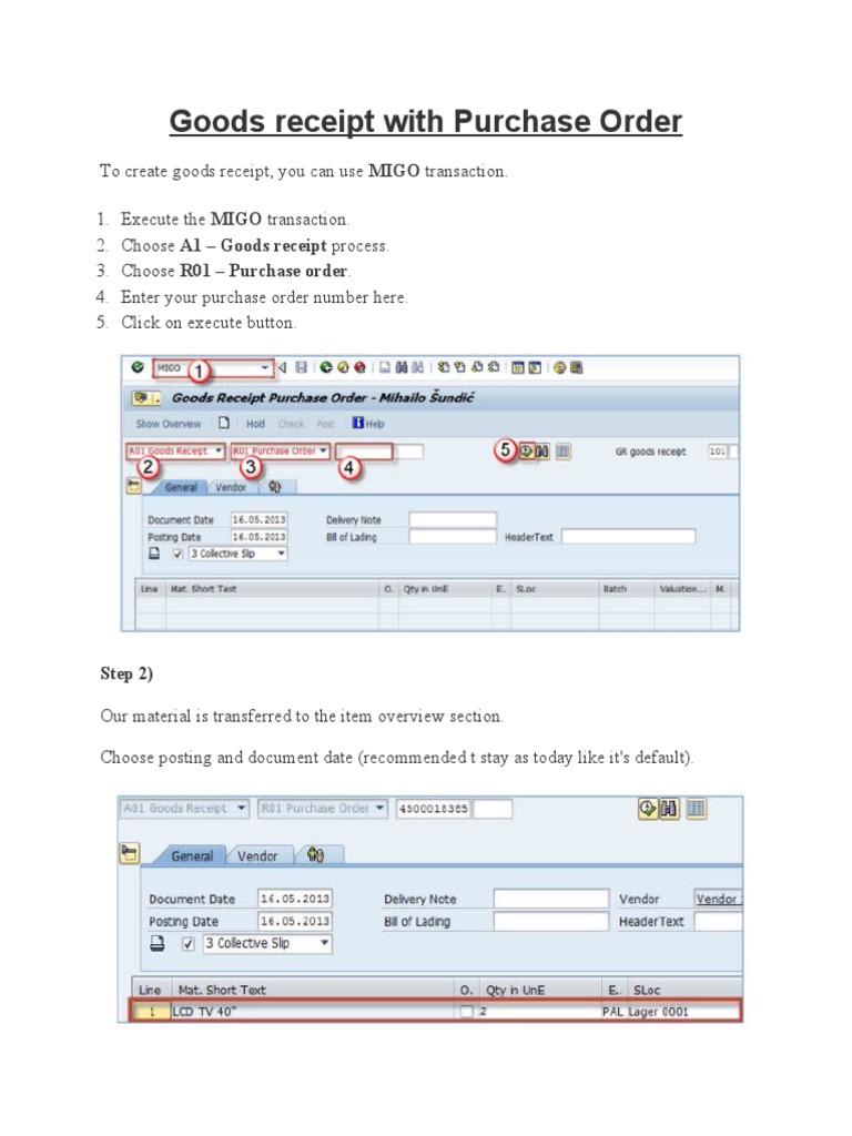 Goods Receipt With Purchase Order: Step 2) | PDF