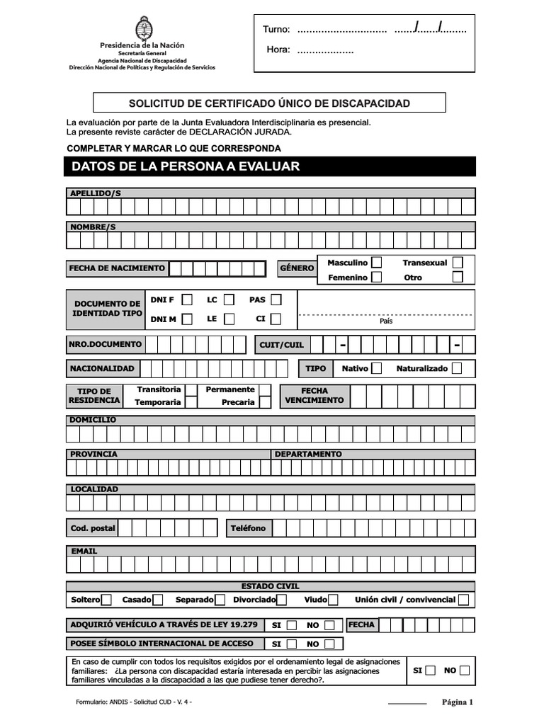 FORMULARIO ANDIS Solicitud CUD. COMPLETA PACIENTE | PDF | Justicia ...