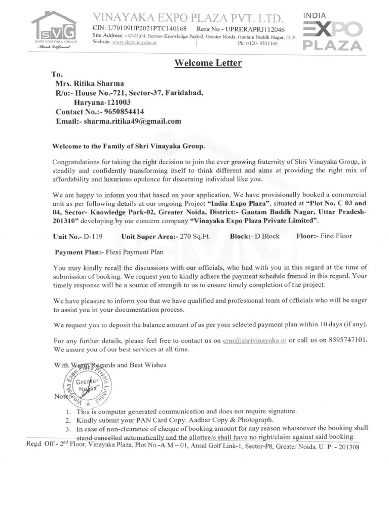 D-119 Welcome Letter | PDF