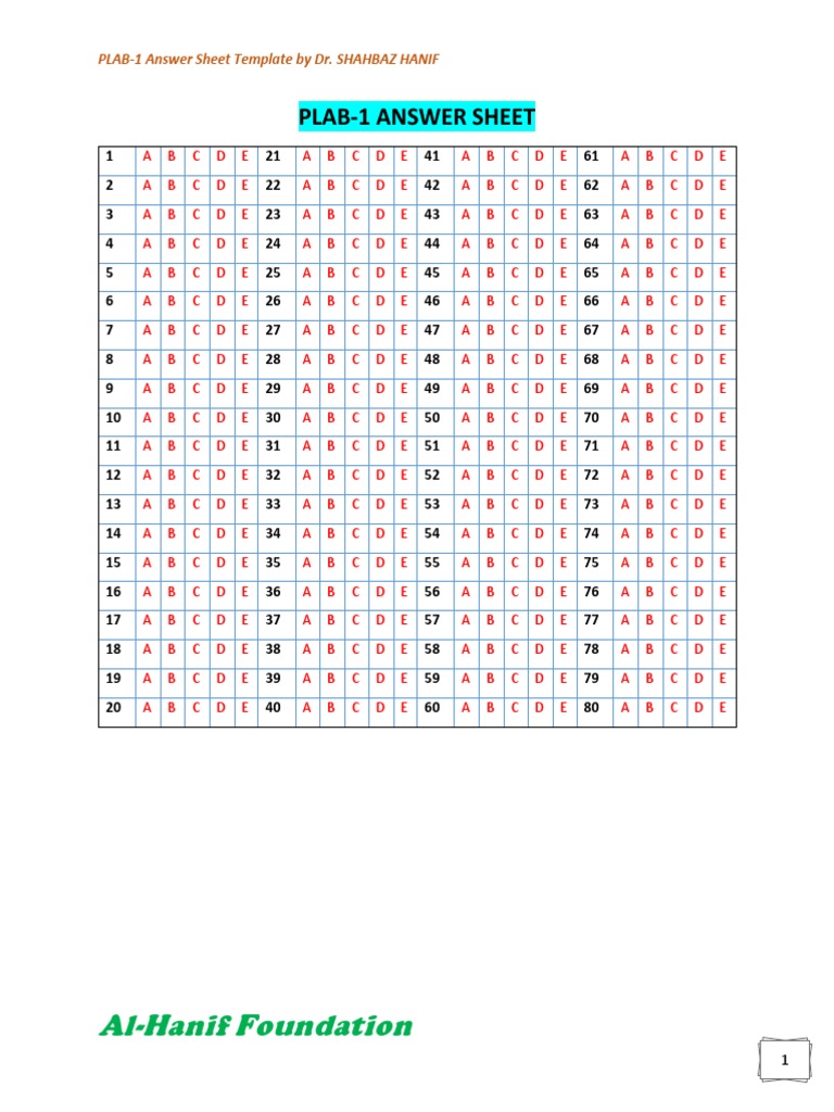 Plab 1 Answer Sheet Template Plab Resources | PDF