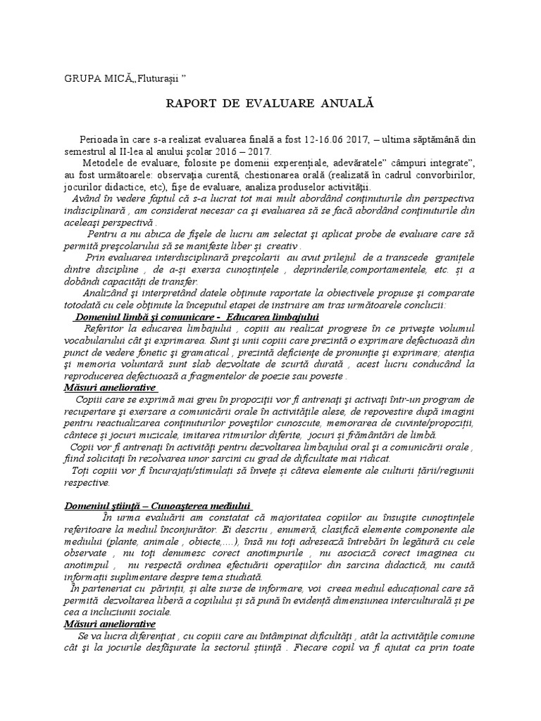 Raport de Evaluare Anuala Grupa Mica Cupliu | PDF