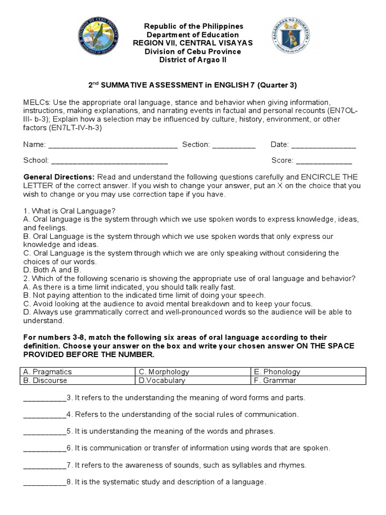 2ndsummative Eng7 Q3 | PDF | Word | Cognition