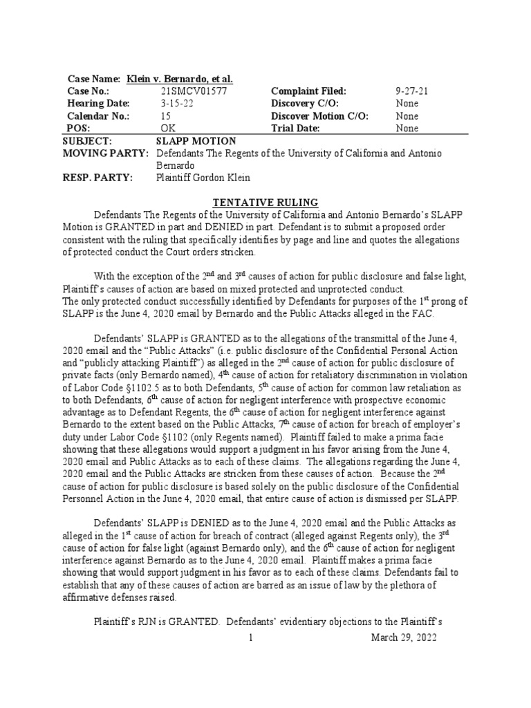 Gordon Klein v. UCLA | PDF | Negligence | Tort