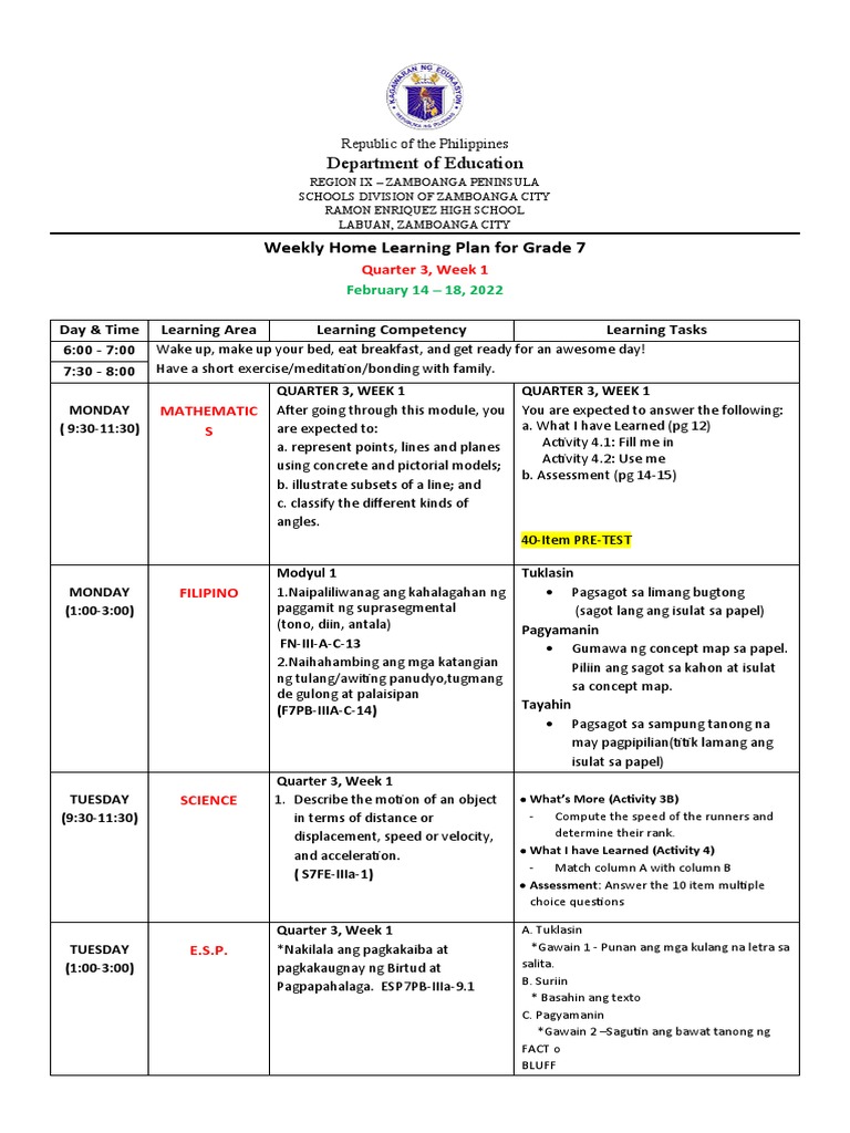 Weekly Home Learning Plan For Grade 7: Department of Education | PDF ...