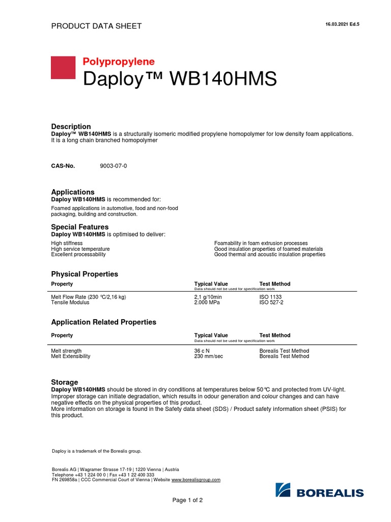 Daploy ™ WB140HMS: Polypropylene | PDF | Polymers | Chemistry