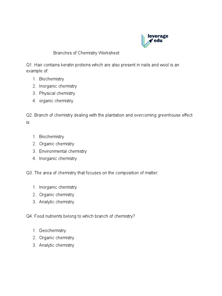 Branches of Chemistry Worksheet 1 | PDF