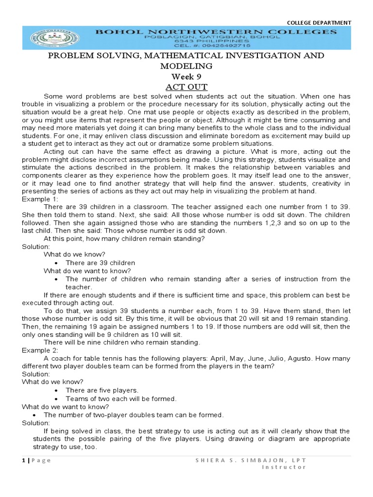 Problem Solving, Mathematical Investigation and Modeling Week 9 Act Out ...