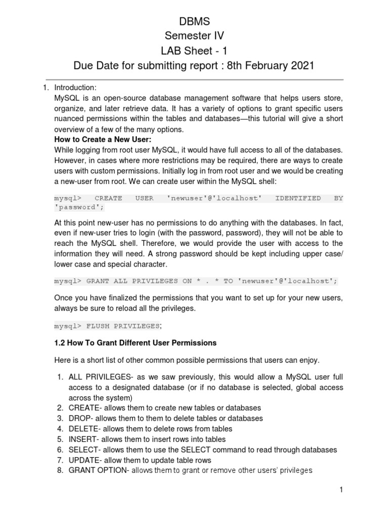 Dbms Semester IV LAB Sheet - 1 Due Date For Submitting Report: 8th February 2021 | PDF ...