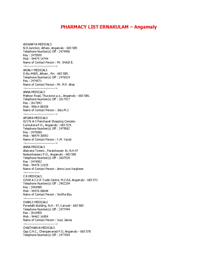 PHARMACY LIST EKM-Angamali | PDF