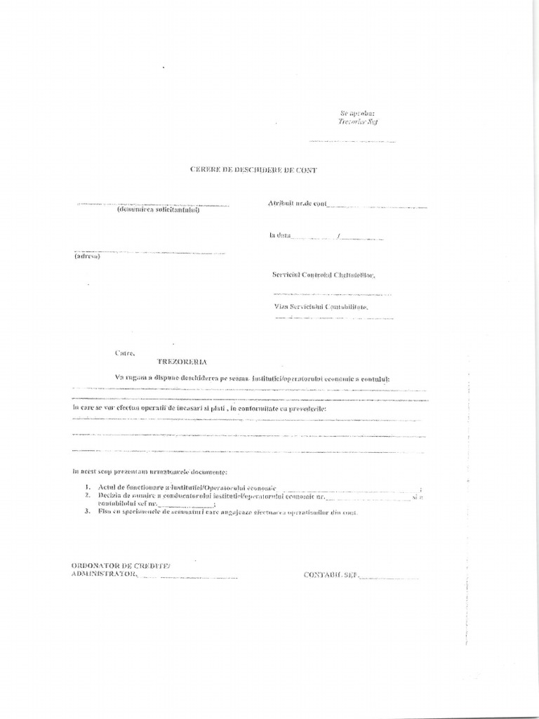 Cerere Deschidere Cont Trezorerie-Fisa Specimenelor de Semnatura | PDF