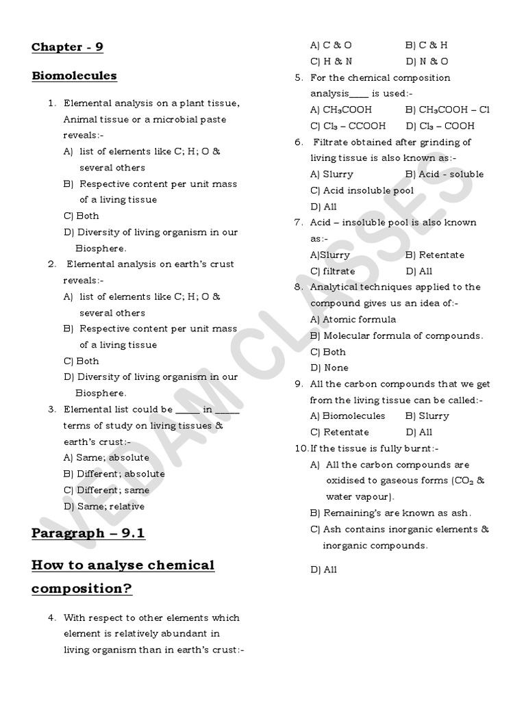 Chapter - 9 Biomolecule DPP - 1 PDF | PDF | Metabolic Pathway | Enzyme