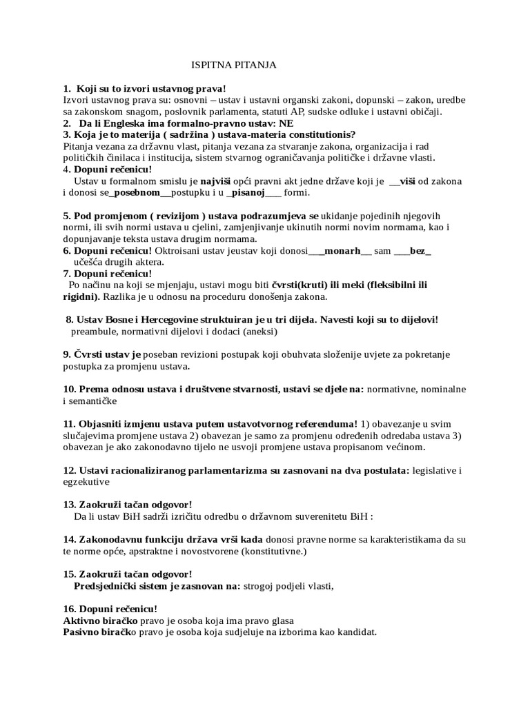 ISPITNA PITANJA Za Ustav 100 | PDF