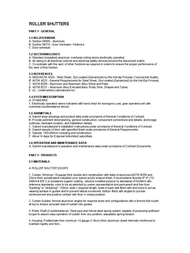 Specifications General Rolling - Shutters | PDF | Door | Electric Motor