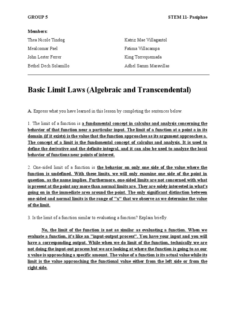 Basic Limit Laws Quiz (Algebraic and Transcendental) | PDF | Function ...