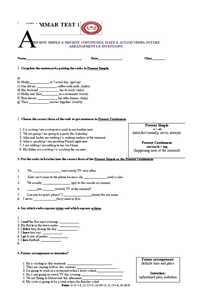 Grammar Test: Present Tenses & Verbs | PDF | Syntax | Language Arts ...