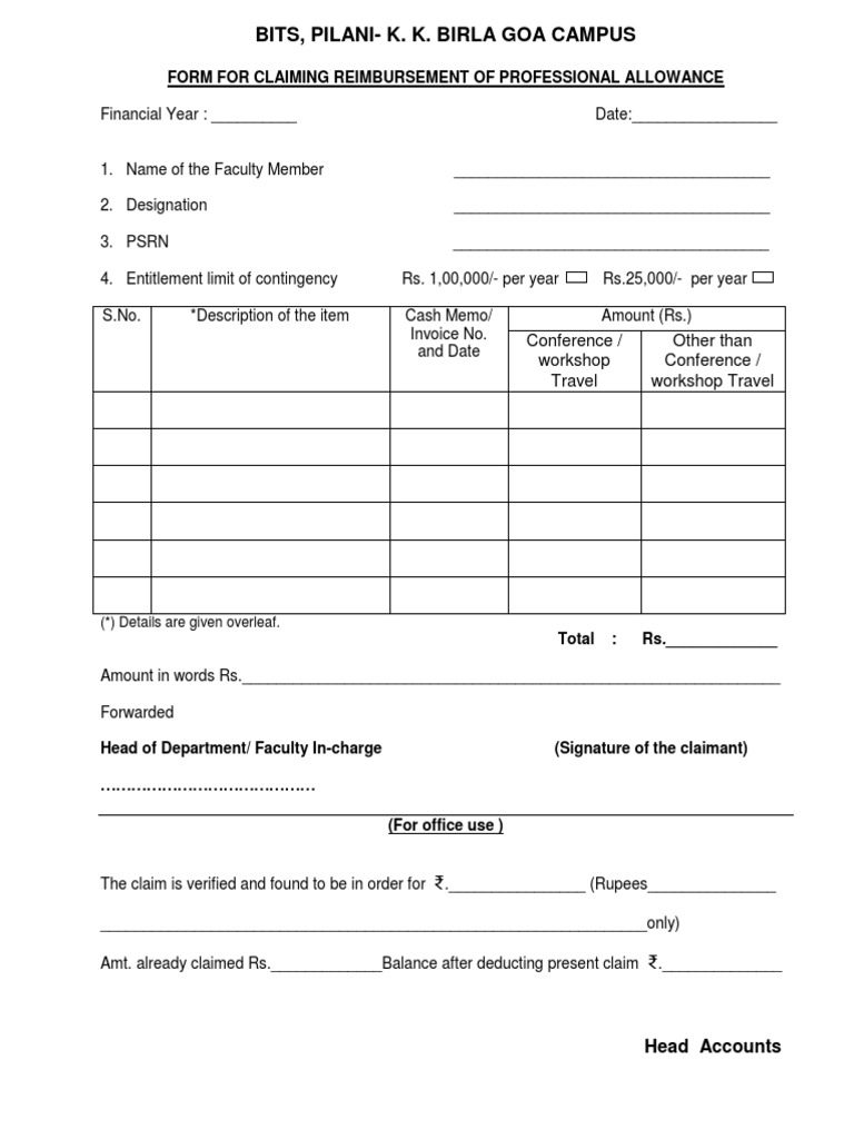 Bits, Pilani-K. K. Birla Goa Campus: Form For Claiming Reimbursement of Professional Allowance ...