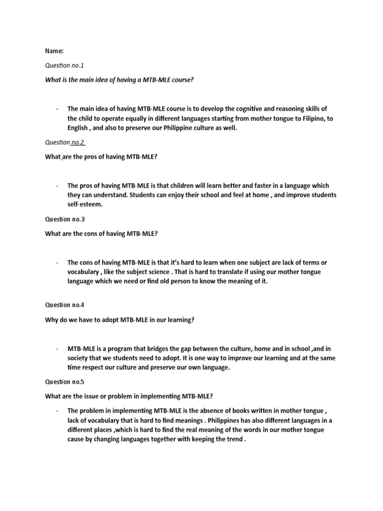 What Is The Main Idea of Having A MTB-MLE Course?: Question No.1 | PDF
