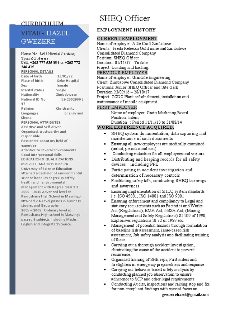 SHEQ Officer: Hazel Gwezere | PDF | Risk | Occupational Safety And Health