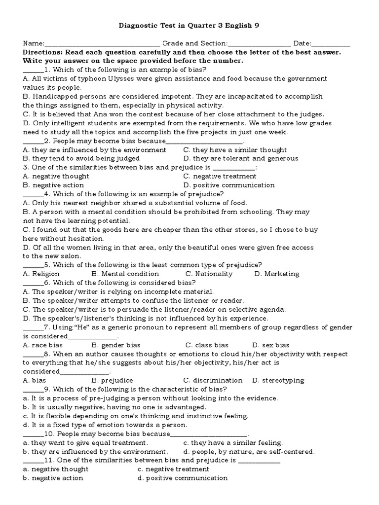 English 9 Diagnostic Test on Bias | PDF | Bias | Prejudices