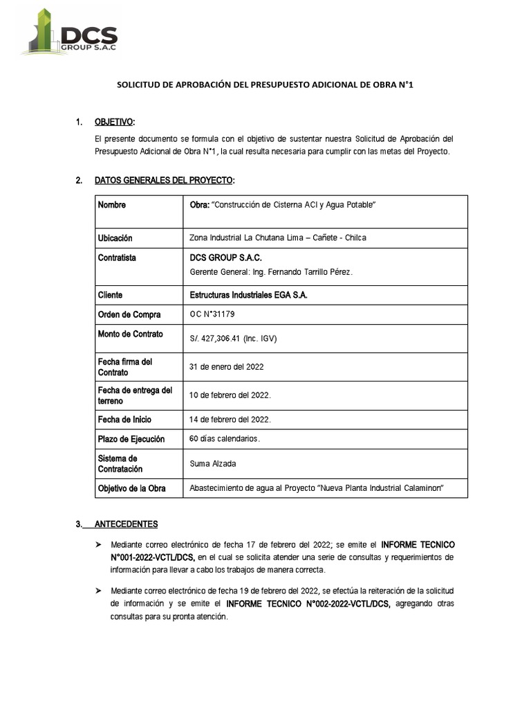 SOLICITUD DE APROBACIÓN DEL PRESUPUESTO ADICIONAL DE OBRA N°1 | PDF | Presupuesto