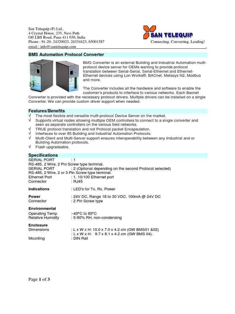 BMS Automation Protocol Converter: Indications Power | PDF | Computer ...