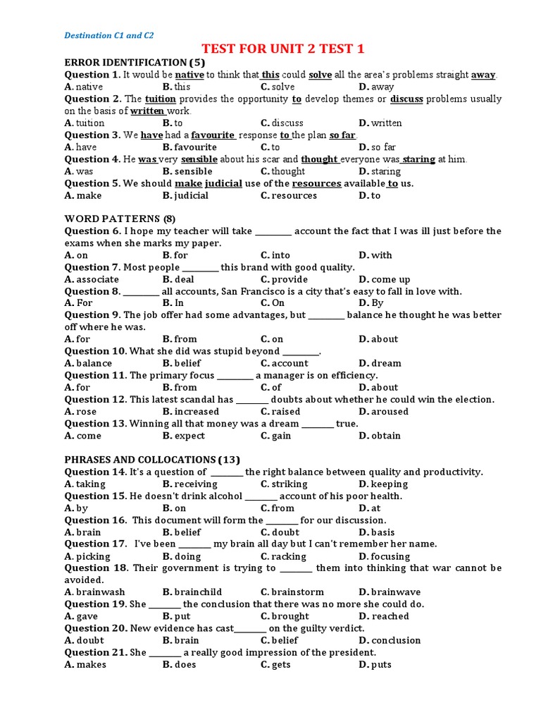 Test For Unit 2 Test 1 | PDF