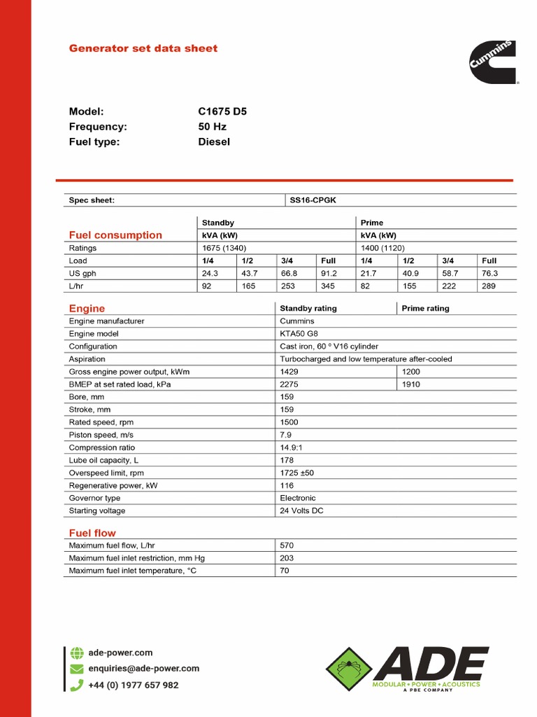 Cummins c1675d5 Data Sheet | PDF