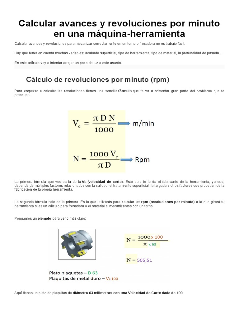 Cálculo de Avances y RPM en Mecanizado | PDF | Mecanizado | Ingeniería ...