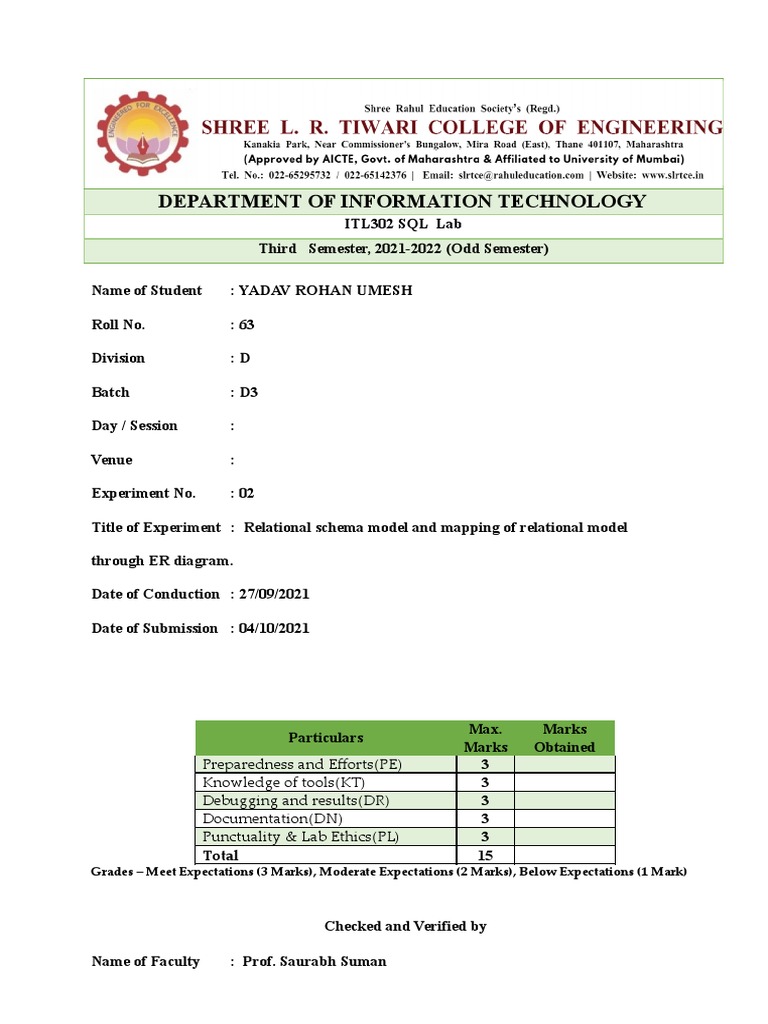 DBMS Exp-02 Sem-Iii Mumbai University | PDF | Relational Database | Relational Model