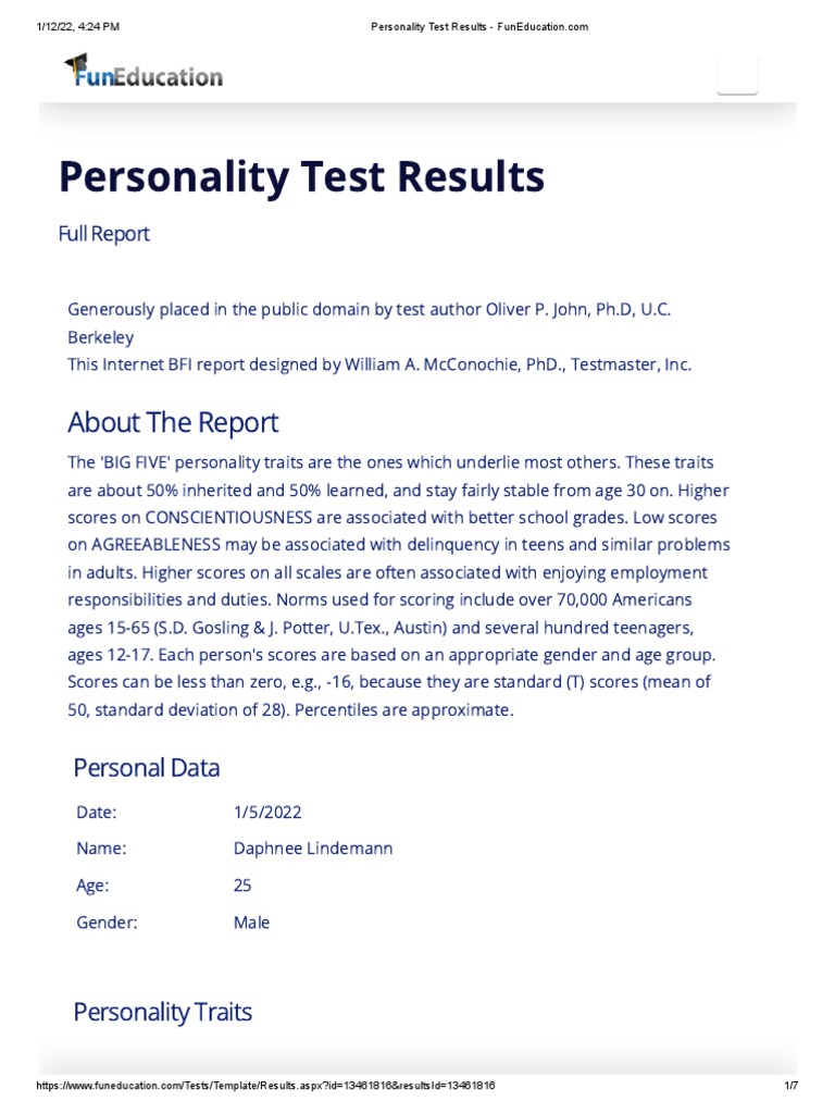 Personality Test Results | PDF | Extraversion And Introversion ...
