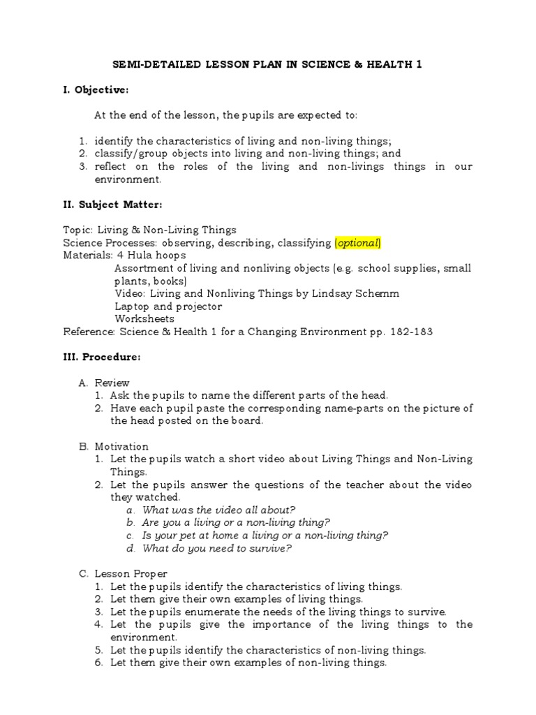 Semi-Detailed Lesson Plan in Science 1 | PDF | Lesson Plan | Life