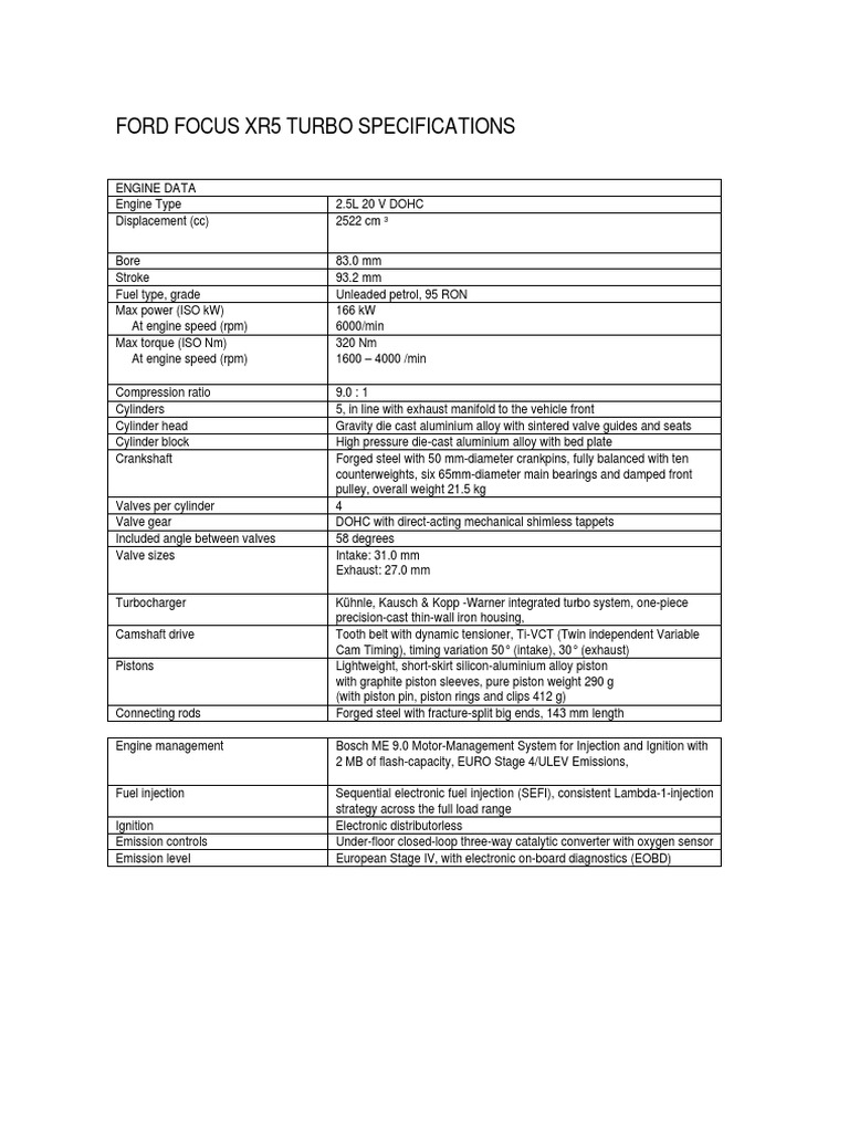 Ford Focus Xr5 Turbo Specifications | PDF