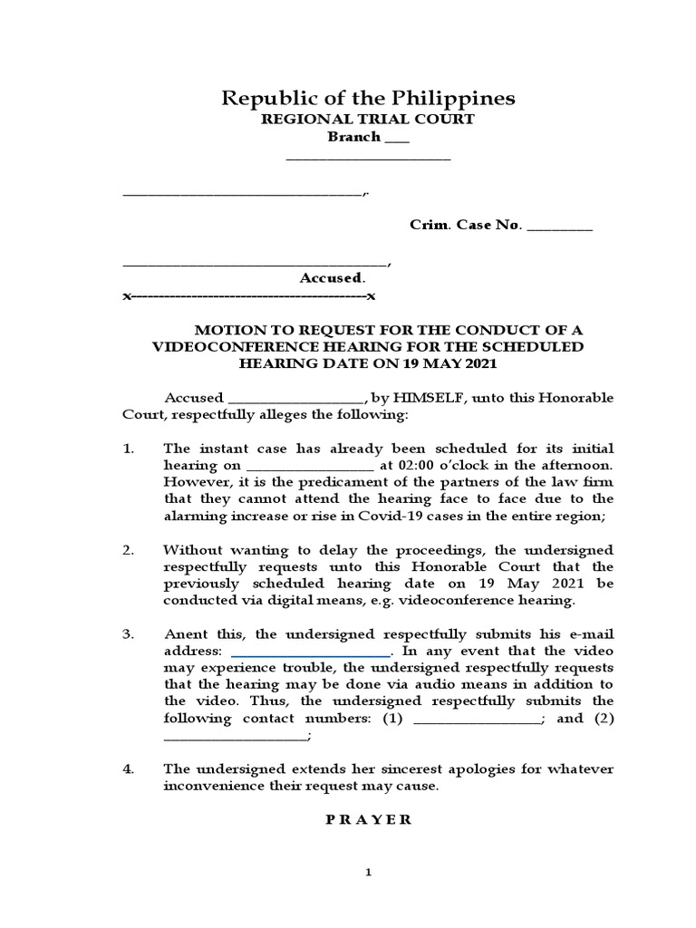 Sample Motion To Request For The Conduct of A Vidcon | PDF | Courts ...
